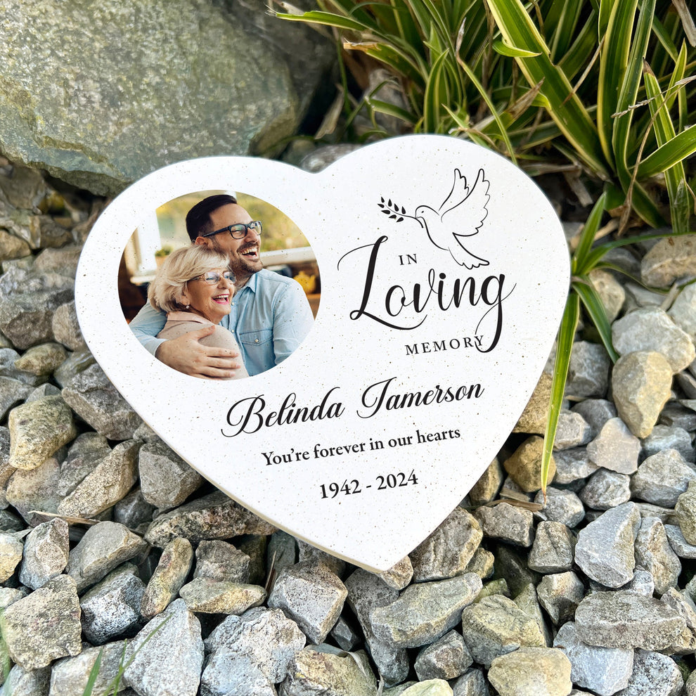 Personalised In Loving Memory Dove Photo Resin Heart Grave Marker ...